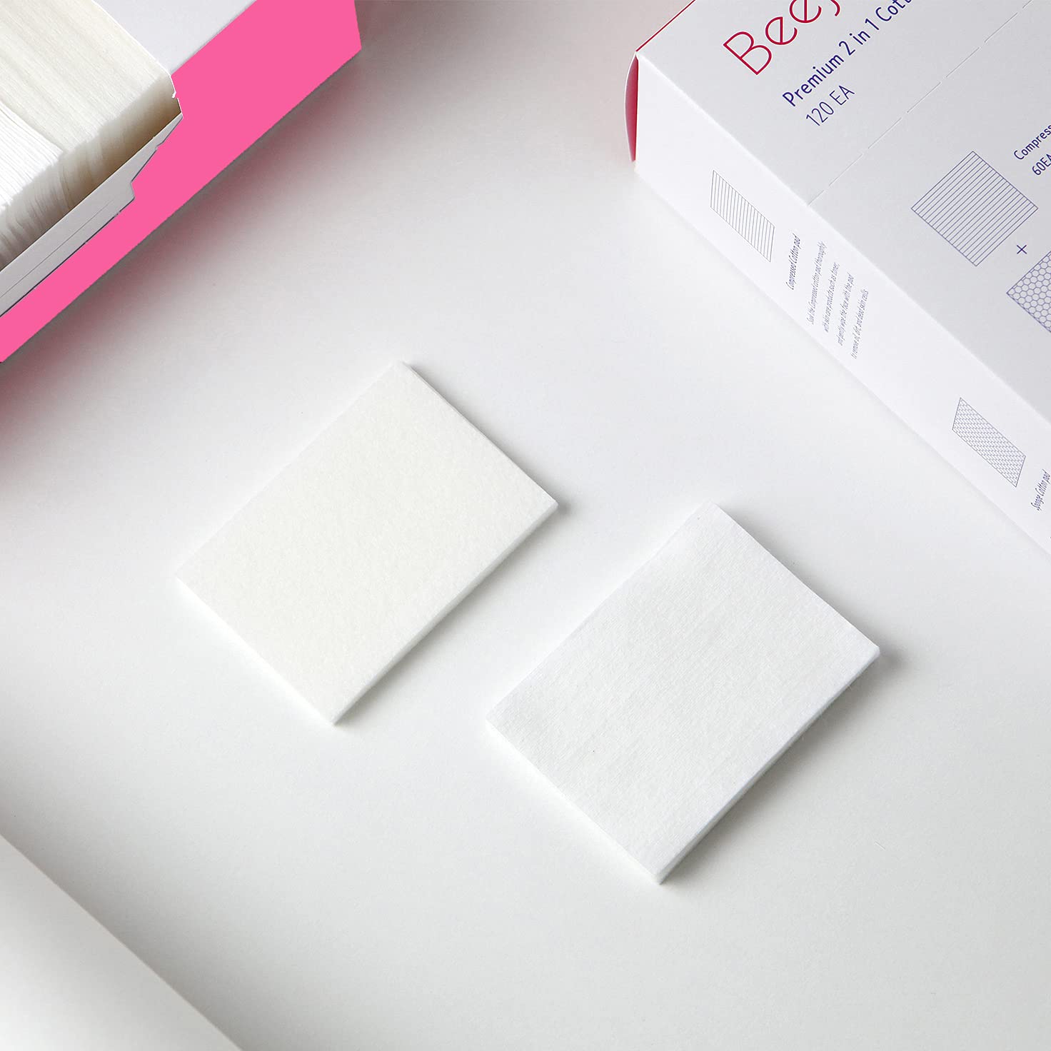 Beejong [120EA] Premium 2 in 1 Facial Cleansing Square Cotton Pads - Two Types of Face Wipes Cotton Pads for Toner, Makeup Remover | Compressed 60EA & Sponge 60EA | Made in Korea (1 Pack)