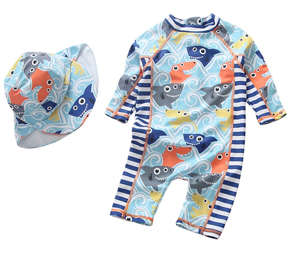 Baby Boys Swimsuit One Piece Toddlers Zipper Bathing Suit Swimwear with Hat Rash Guard Surfing Suit UPF 50+ (Shark, 3-6 Months)