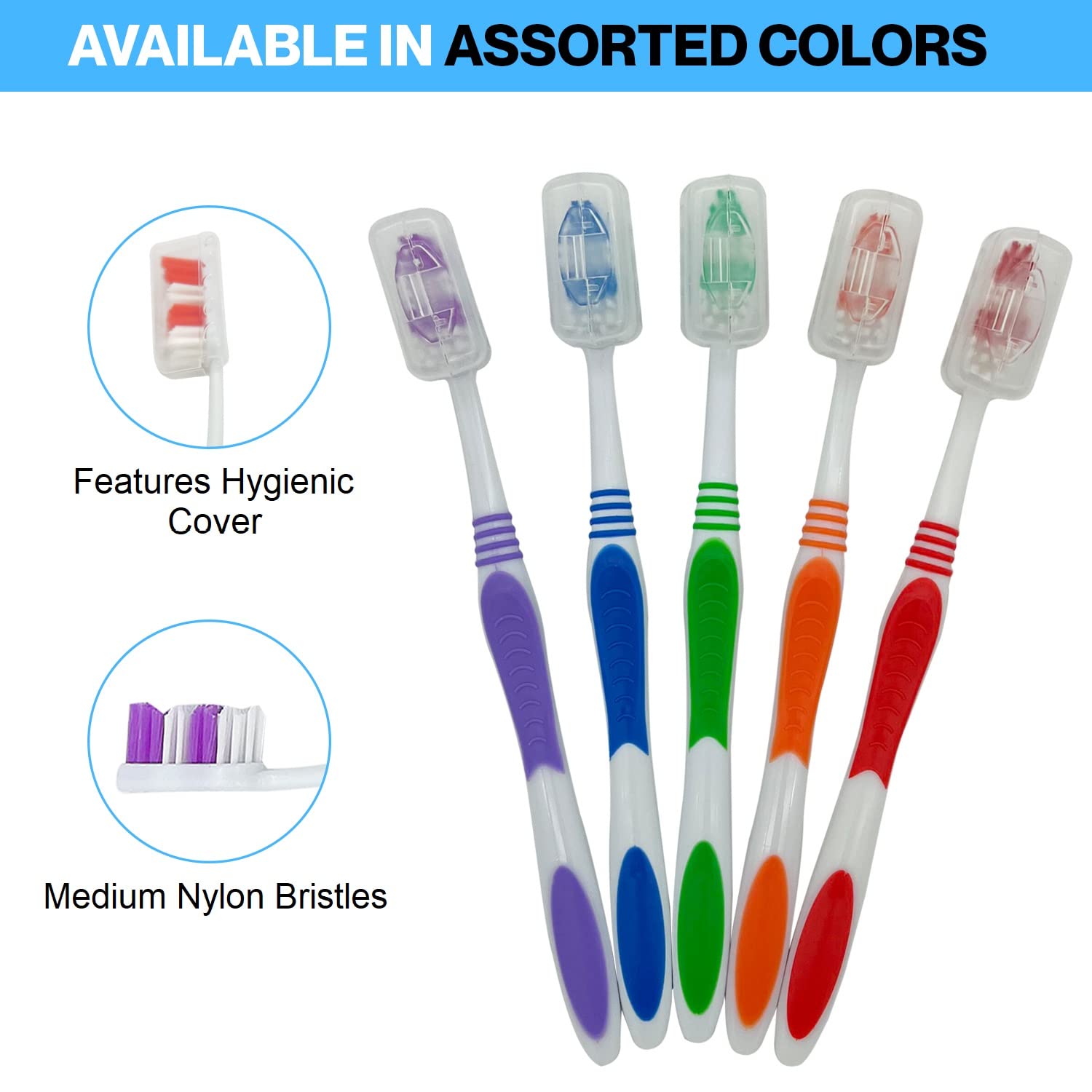 100 Bulk Toothbrushes Medium Bristle Individually Wrapped with Hygiene Cap Ergonomic Disposable Great for Home Travel Events Care Package Guests Hotels Lodging