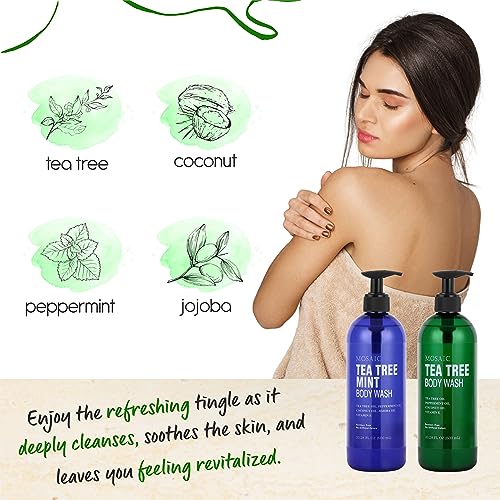 Tea Tree Body Wash with Mint & Shower Gel with Vitamin E for Jock Itch, Eczema, Ringworm, Body Odor, Body Wash Women & Men with Added Body Oils,LARGE 20.2 FL Oz Bottle (Tea Tree Mint, Pack of 2)
