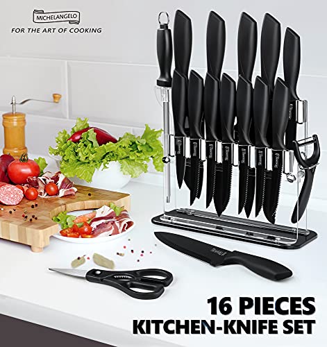 MICHELANGELO Kitchen Knife Set with Block, Sharp Black Knife Set for Kitchen, 16 Piece Stainless Steel Cooking Knife Set with Sharpener, Includes Steak Knives Set, Chef Santoku Knives, Black