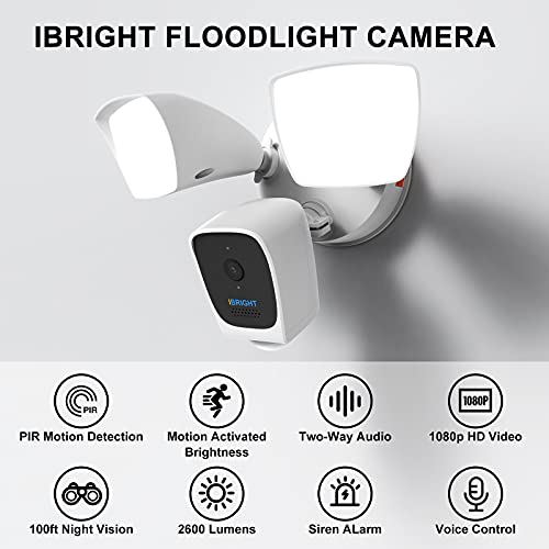 IBRIGHT Smart Floodlight Camera, 2.4Ghz 1080P Security Camera Outdoor, 2600LM, Motion Detection, 2-Way Audio, Siren System, Night Vision, IP65, Works with Alexa & Google Assistant, No Monthly Fees