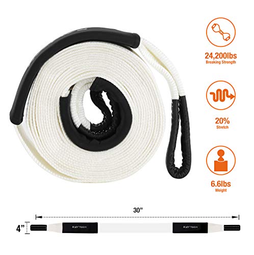 RAYTEEN Nylon Kinetic Snatch Strap(4in x 30ft) Genuine 24,200lb Pulling Force (Lab Tested 30,000lb) and 20% Elongation with Reinforced Loops and Protection Sleeves, White-Environment Friendly Color