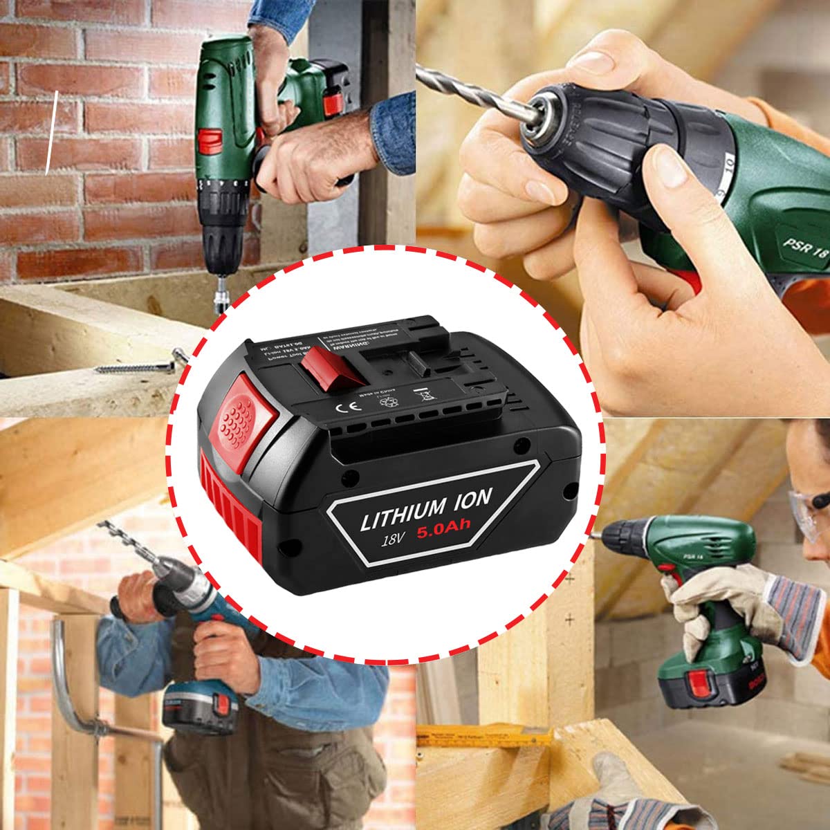 2Pack 18V 5.0Ah BAT609 Battery and 14.4V ~ 18V Li-ion battery Charger Replacement for Bosch 18V Battery BAT609 BAT610 BAT610G BAT612 BAT618 BAT618G BAT619G Cordless Power Tools Battery