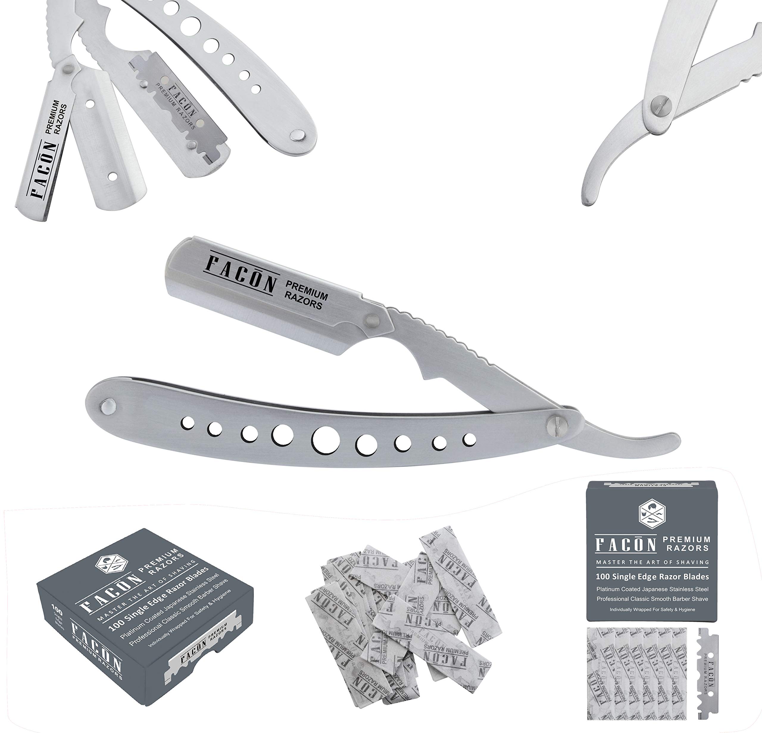 100 BLADES + Facón Classic Professional Straight Edge Barber Razor - Salon Quality Cut Throat Shavette