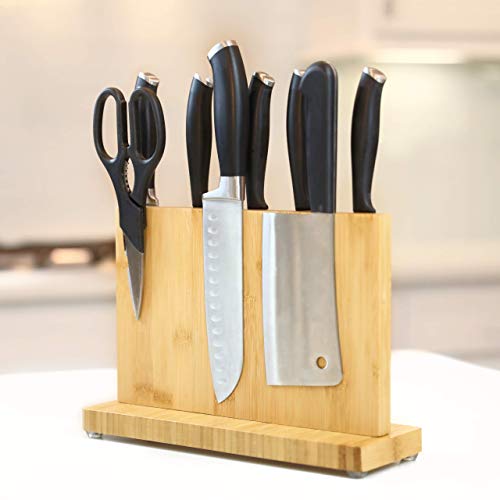 Bamboo Magnetic Knife Block Without Knives - Universal Space Saving Stand for Steak Knives and Cutlery - Kitchen Organizer for Counter or Under Cabinet Storage - Extra Strong Magnetic Knife HolderĀ