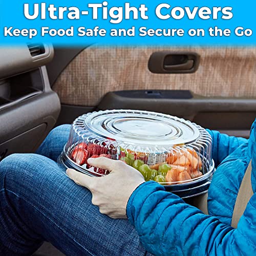 Avant Grub Heavy Duty, Recyclable 12 in. Serving Tray and Lid 5pk. Large, Black Plastic Party Platters with Clear Lids Dishware Plate, Elegant Round Banquet or Catering Trays for Serving