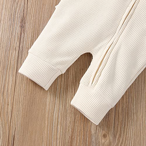 Newborn Baby Girl Ruffle Romper Knit Sweater Onesie Jumpsuit Long Sleeve Zipper Onesie Solid Fall Winter Outfits (A Waffle Knit Apricot,0-3 Months)