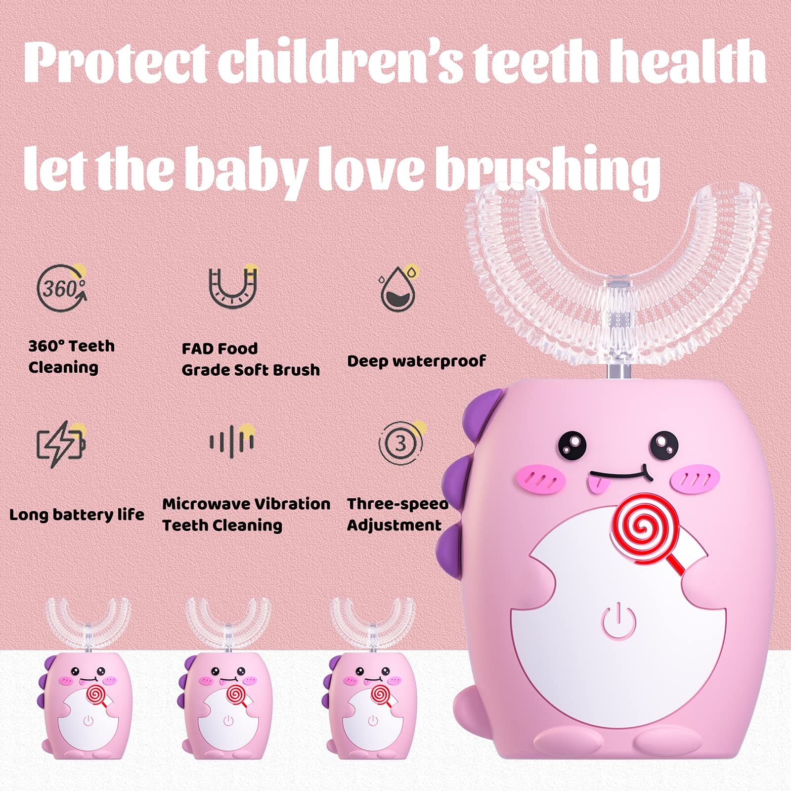 TUTULOO Electric Toothbrush for Kids 2-8 Years, IPX7 Waterproof, Easy to Clean U-Shaped Silicone Brush Head, Tooth Brush with 3 Modes for Girls(Pink)