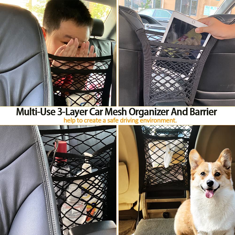 Dog Car Net Barrier with Auto Safety Mesh Organizer Baby Stretchable Storage Bag Between Seats Universal for Cars, SUVs -Easy Install,Safer to Drive with Children and Pets… (3 Layers)