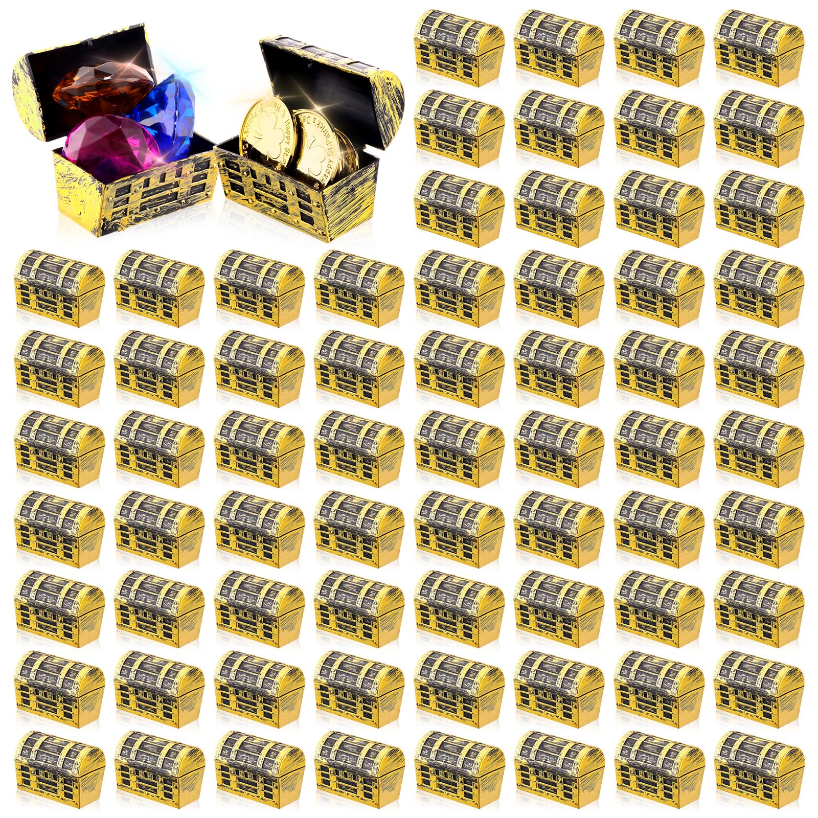 100 Pcs Pirate Treasure Chests 2.3 Inch Cute Little Plastic Treasure Chests with a Gold Finish Vintage Pirate Jewelry Box Games Set for Treasure Hunt Birthday Halloween Party Children School Carnival