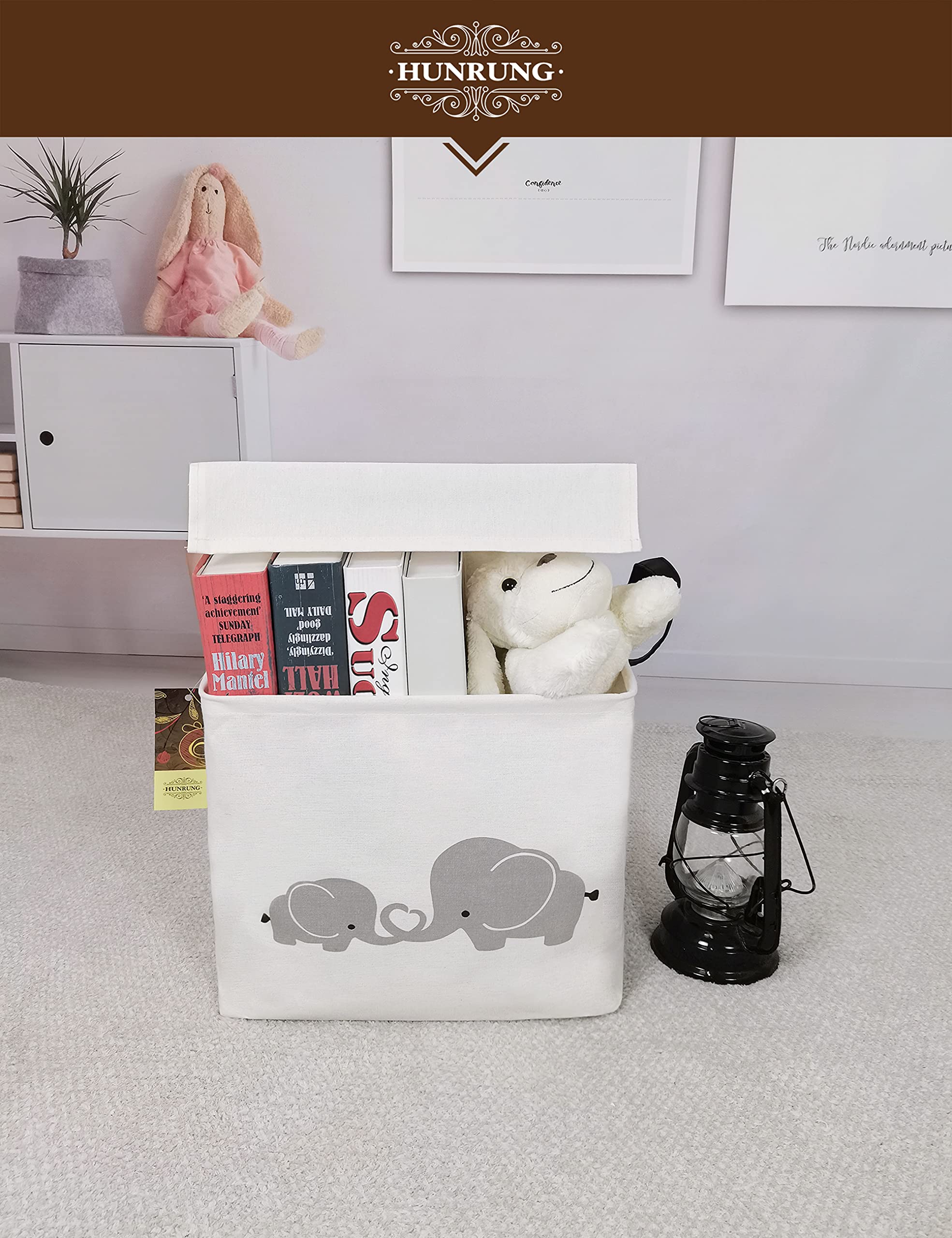 HUNRUNG Storage Boxes with Lids Rectangle/Square Storage Bins,Storage Basket Cute Canvas Organizer Bin for Pet/Children Toys, Books, Clothes Perfect for Rooms(Square-Love-Elephant-with lid)