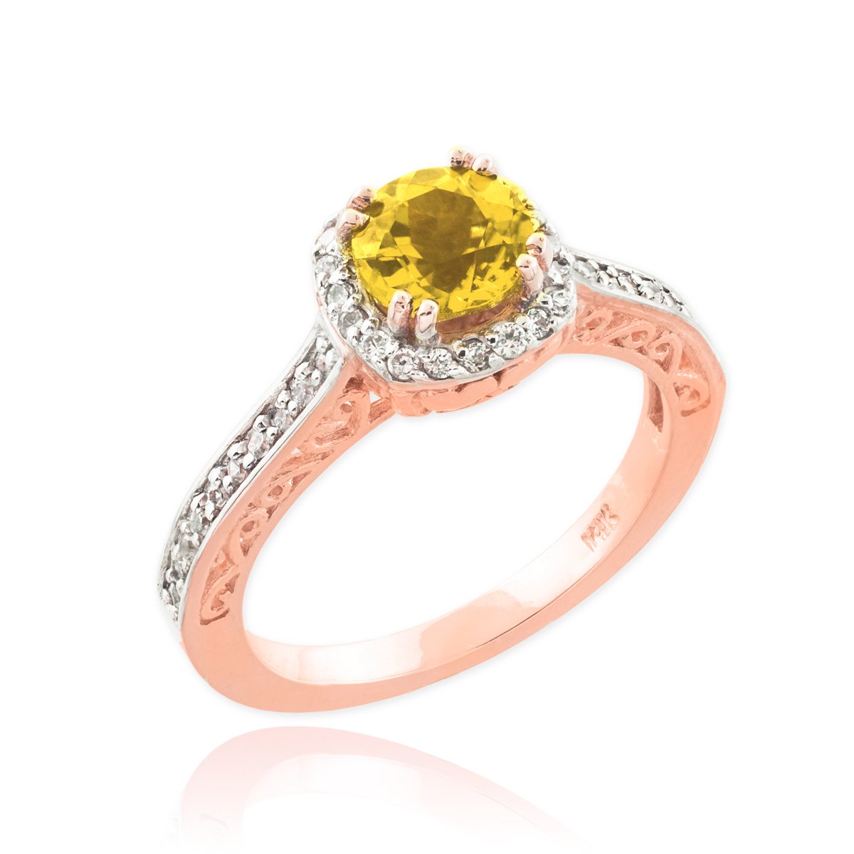 10k Rose Gold Diamond Halo November Birthstone Band Citrine Engagement Ring (Size 8.25)