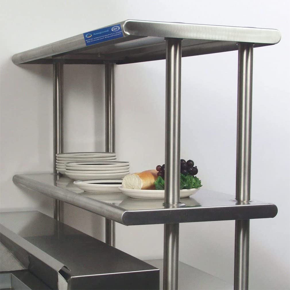 24" x 60" Stainless Steel Work Table with Two Shelves and 12" Wide Double Tier Overshelf | Metal Kitchen Prep Table & Shelving Combo