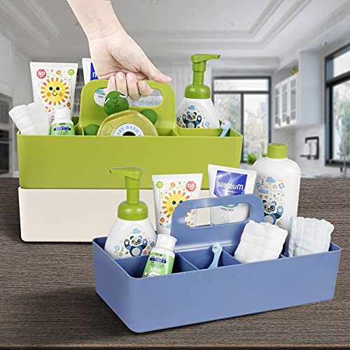 Baby Shower Caddy Plastic Nursery Portable Storage Organizer Caddy Tote for Child/Kids, Divided Basket Bin with Plastic Handle for Bathroom, Dorm Room, Holds Hand Soap, Bottles, Spoons (Beige)