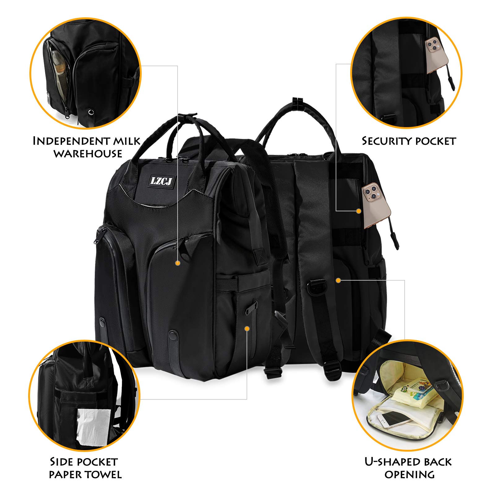 LZCJ Multi-Functional Large-Capacity Travel Backpack, Diaper Bag, Pregnant Woman, Baby, Diaper Changing Bag, Equipped with Thermal Insulation Pocket(Black)