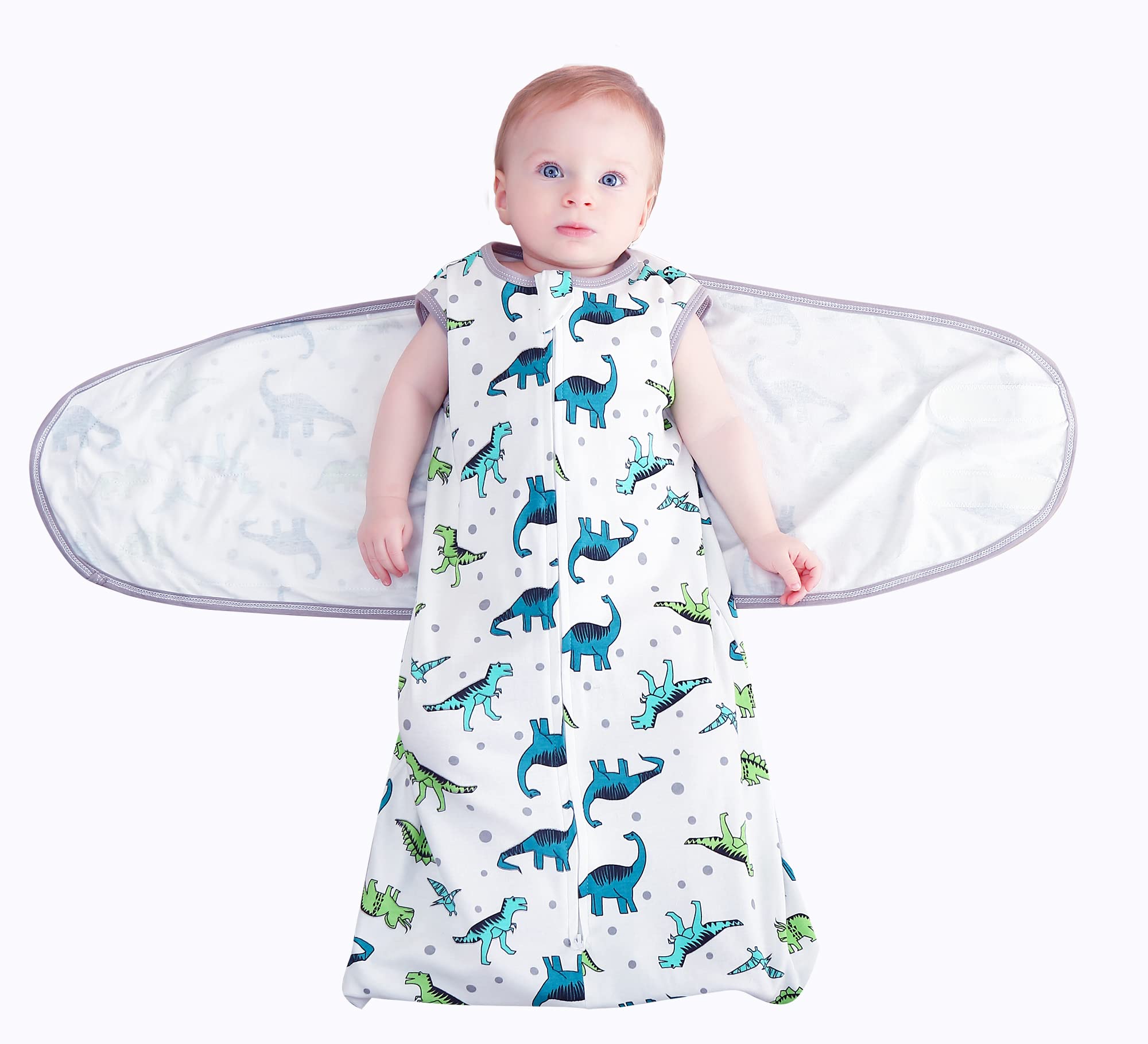 AugTwig Baby Sleepsack Swaddle 3-Way Adjustable Wearable Blanket Boy and Girl,100% Cotton,6-12 Months(Green Dinosaur)
