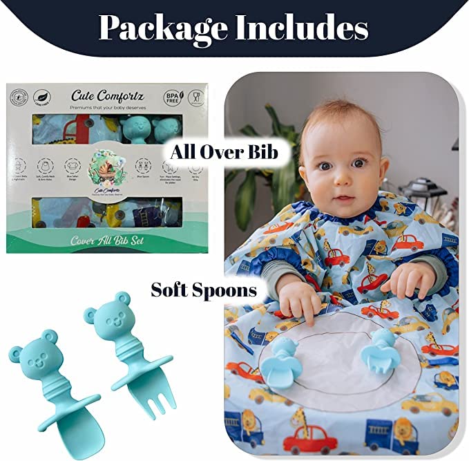 CUTE COMFORTZ Coverall Feeding Bibs Covers to Standard Highchair with Silicone Spoon & Fork, Waterproof allover Bib for Babies