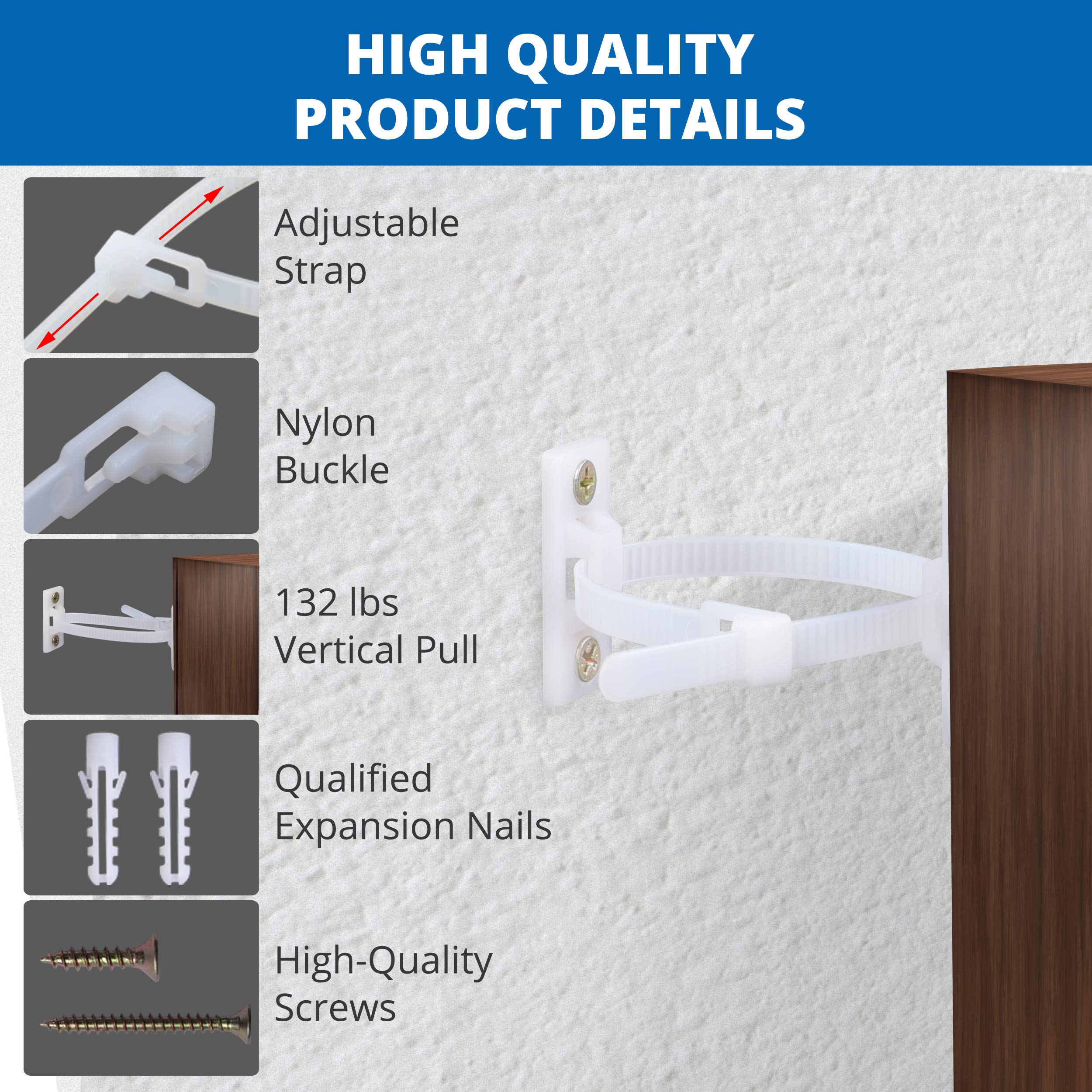 10 Pack Furniture Wall Anchor Straps for Baby Proofing | Heavy Duty Anti Tip Kit - Nylon 6T Material with Brackets