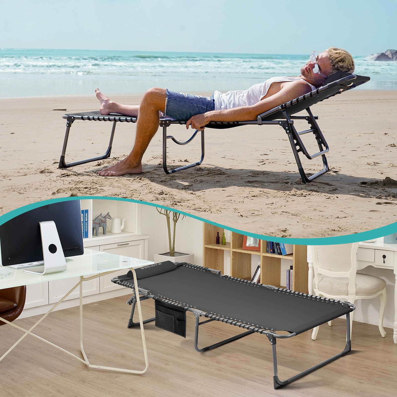 #WEJOY Outdoor Folding Chaise Lounge Chair for Outside, Patio, Beach, Poolside, Sunbathing, Adjustable 5-Position Reclining Chairs, Heavy Duty Camping Cot with Shoulder Strap and Pillow, Teal