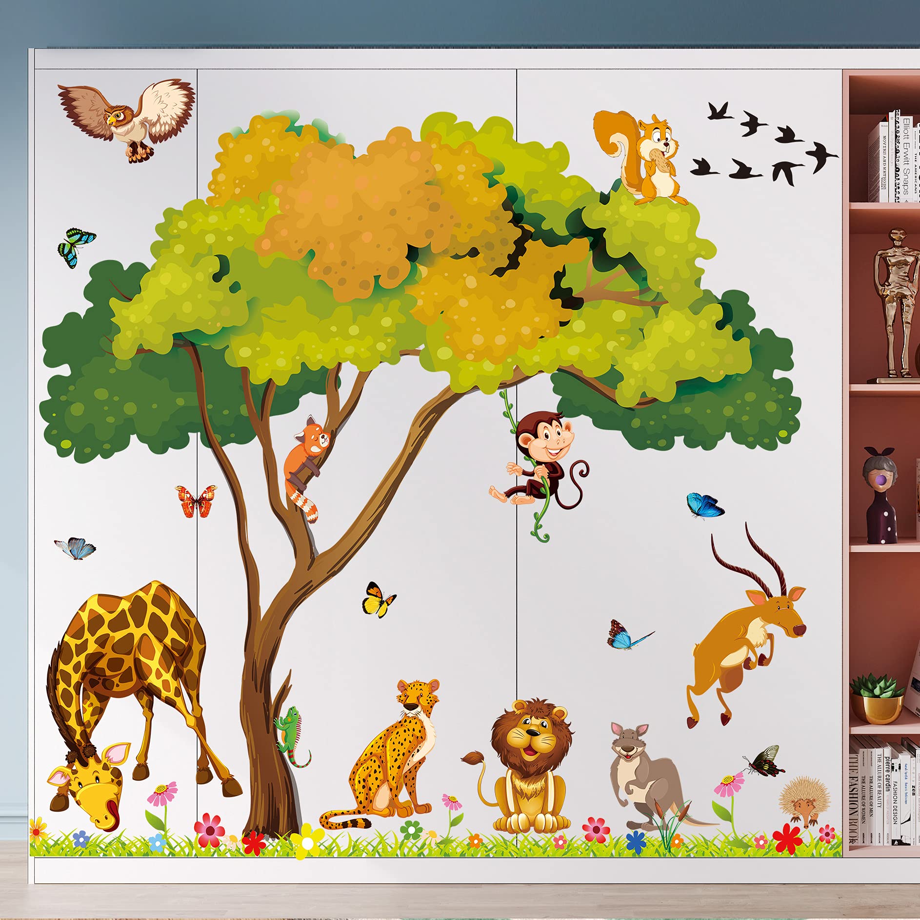 Jungle Animal and Tree Wall Decals Removeable DIY Flower Lion Giraffe Owls Wall Sticker Peel and Stick Wall Decor for Nursery Kids Room Bedroom Living Room