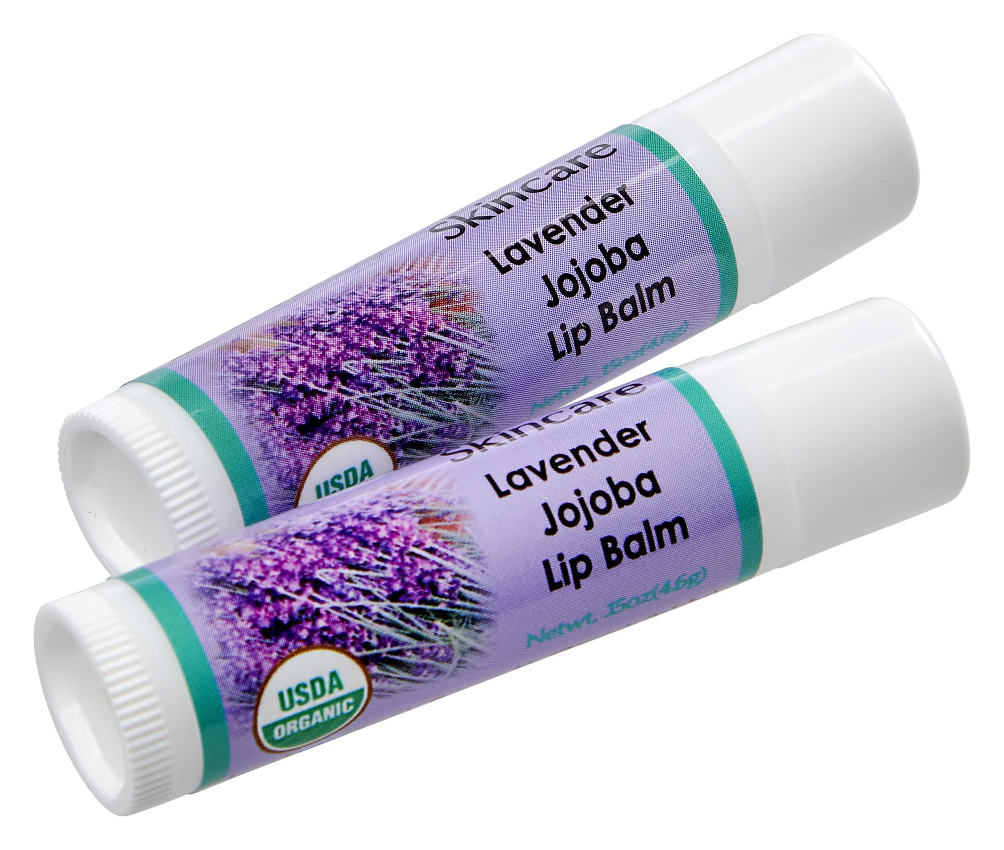 2-Pack Organic Lavender Lip Balm -USDA Certified Organic. 70% Organic Jojoba Oil, Organic Beeswax, Soothes and Softens Dry, Cracked, and Sensitive Lips, Natural Lavender Scent No Taste, 0.15 oz/4.6 gm