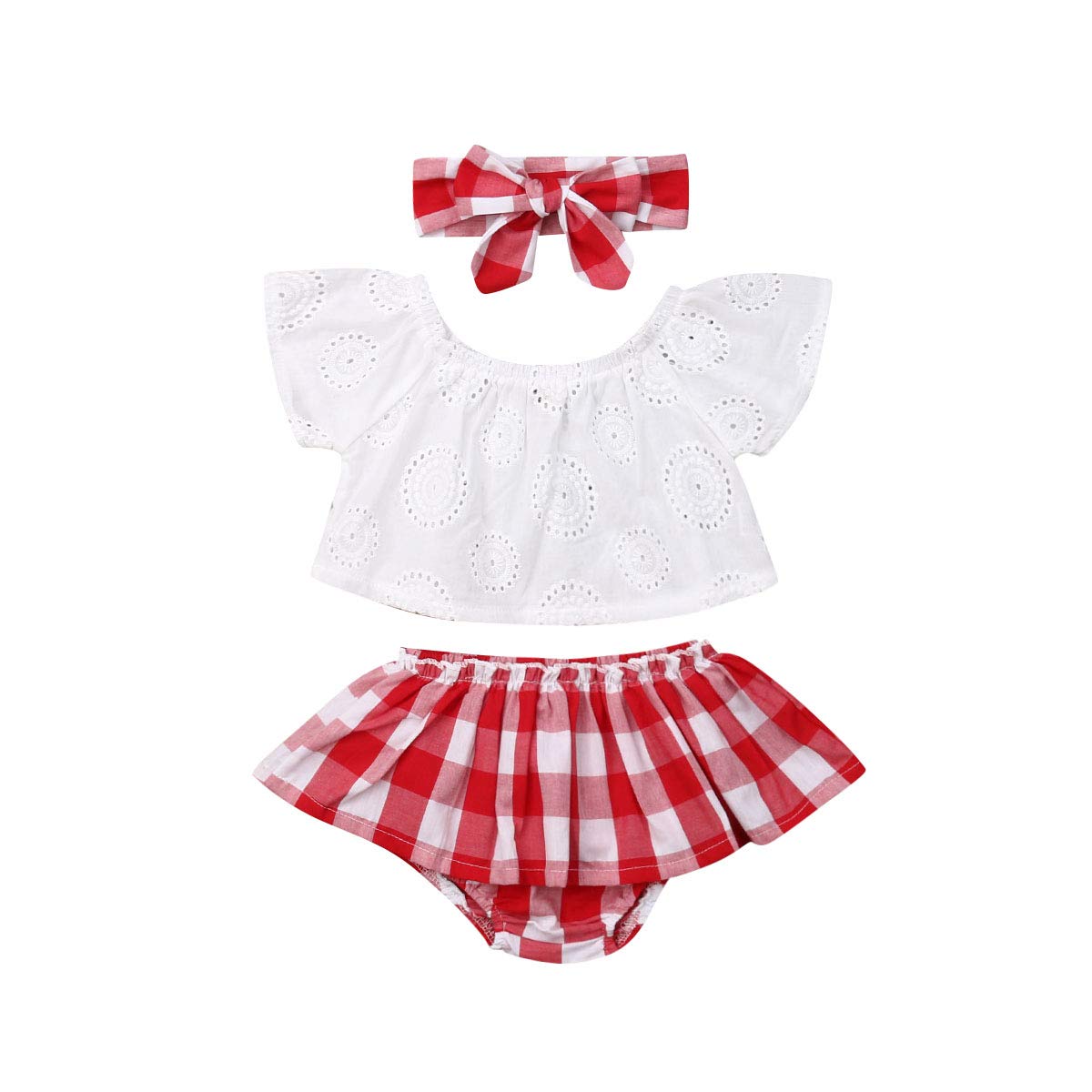 YANGLU Infant Baby Girl Off Shoulder Lace Tops+Plaid Shorts Skirts Tutu Dress Outfits Summer Clothes (White Top+Red Plaid Shorts, 6-12 Months)