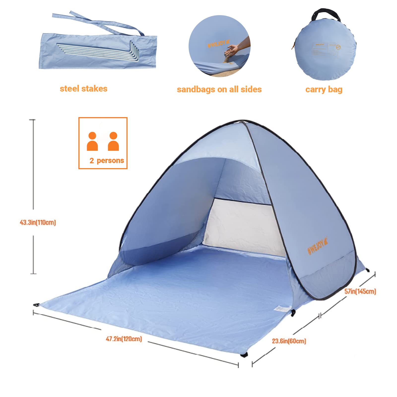 #WEJOY Pop Up Beach Tent Sun Shelter Automatic Instant Ultra Light Portable Outdoors Quick Cabana Tent for Beach Sun Shade, UPF 50+, LIGHTBLUE_2 Person, (47 + 24) × 57 × 43"