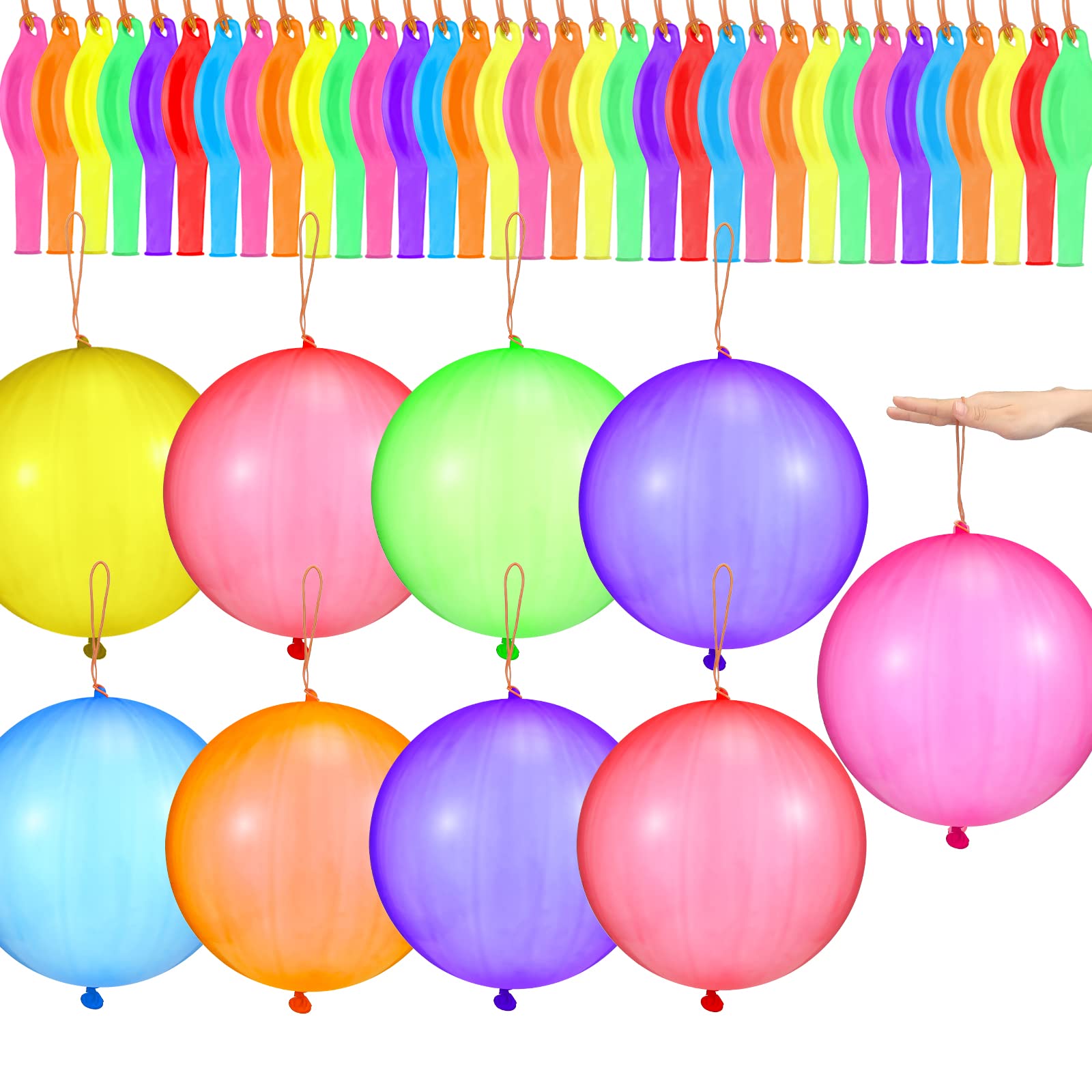 100 Pcs Punch Balloons Punching Balloon Assorted Color Heavy Duty Party Favors for Kids, Bounce Balloons with Rubber Band Handle for Birthday Party Wedding