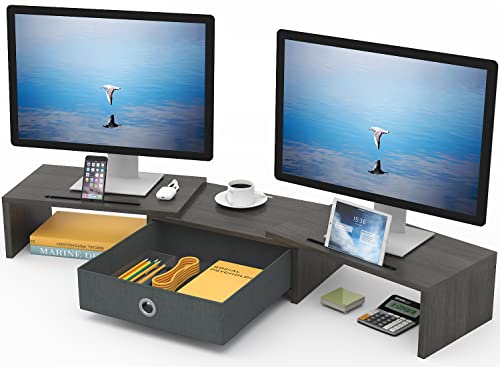 WESTREE Dual Monitor Stand Riser with Drawer, 3 Shelf Computer Monitor Riser with Adjustable Length and Angle, Desktop Monitor Stand Riser Storage Organizer for 2 Monitors