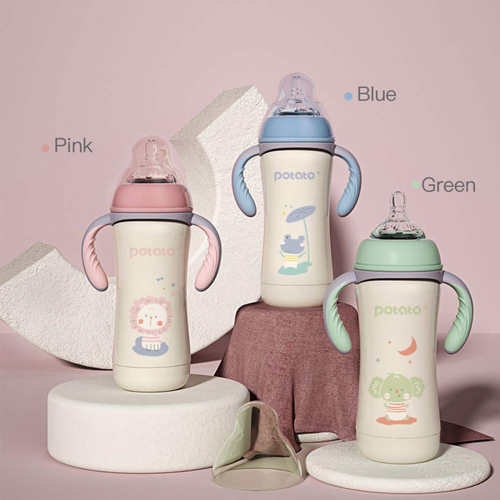 POTATO Baby Thermos Cup Water Bottle for Kids Stainless Steel Sippy Cup with 3 Kinds of Lids,Keeps Cold for 8 Hours 8 oz, Blue
