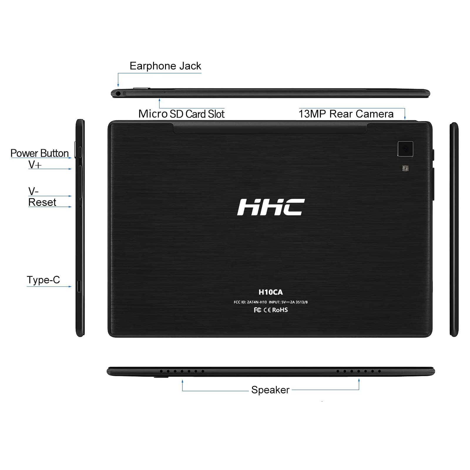 HHC Tablet 10 inch Android Tablets, 5G/2.4G WiFi Tablets with Touch Screen, Octa-Core Processor, 2GB+32GB Storage, HD IPS Display, 6000mAh Battery, Dual Cameras, GPS, Bluetooth 5.0 Black