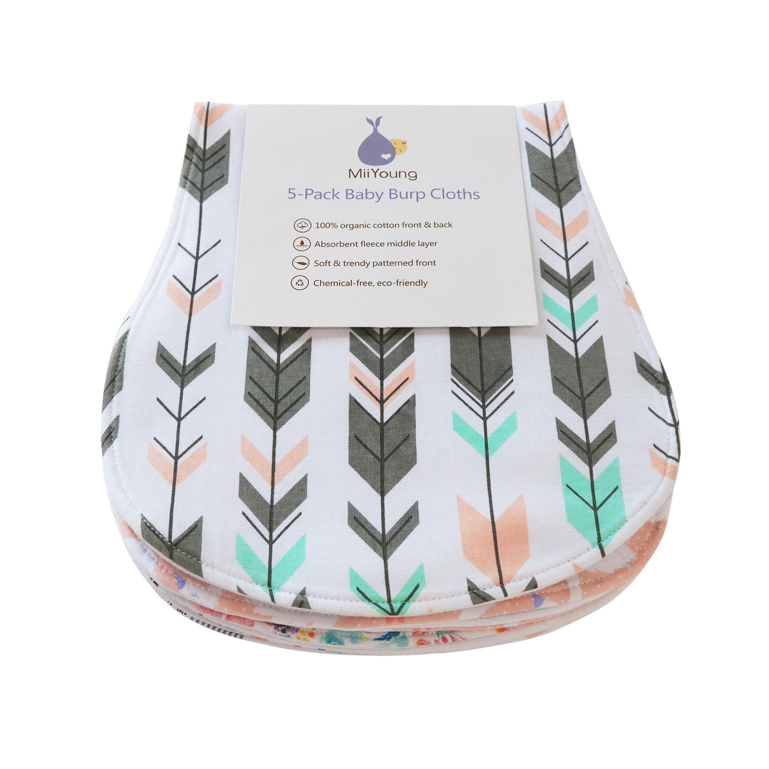 5-Pack Baby Burp Cloths for Girls, Triple Layer, 100% Organic Cotton, Soft and Absorbent Towels, Burping Rags for Newborns by MiiYoung