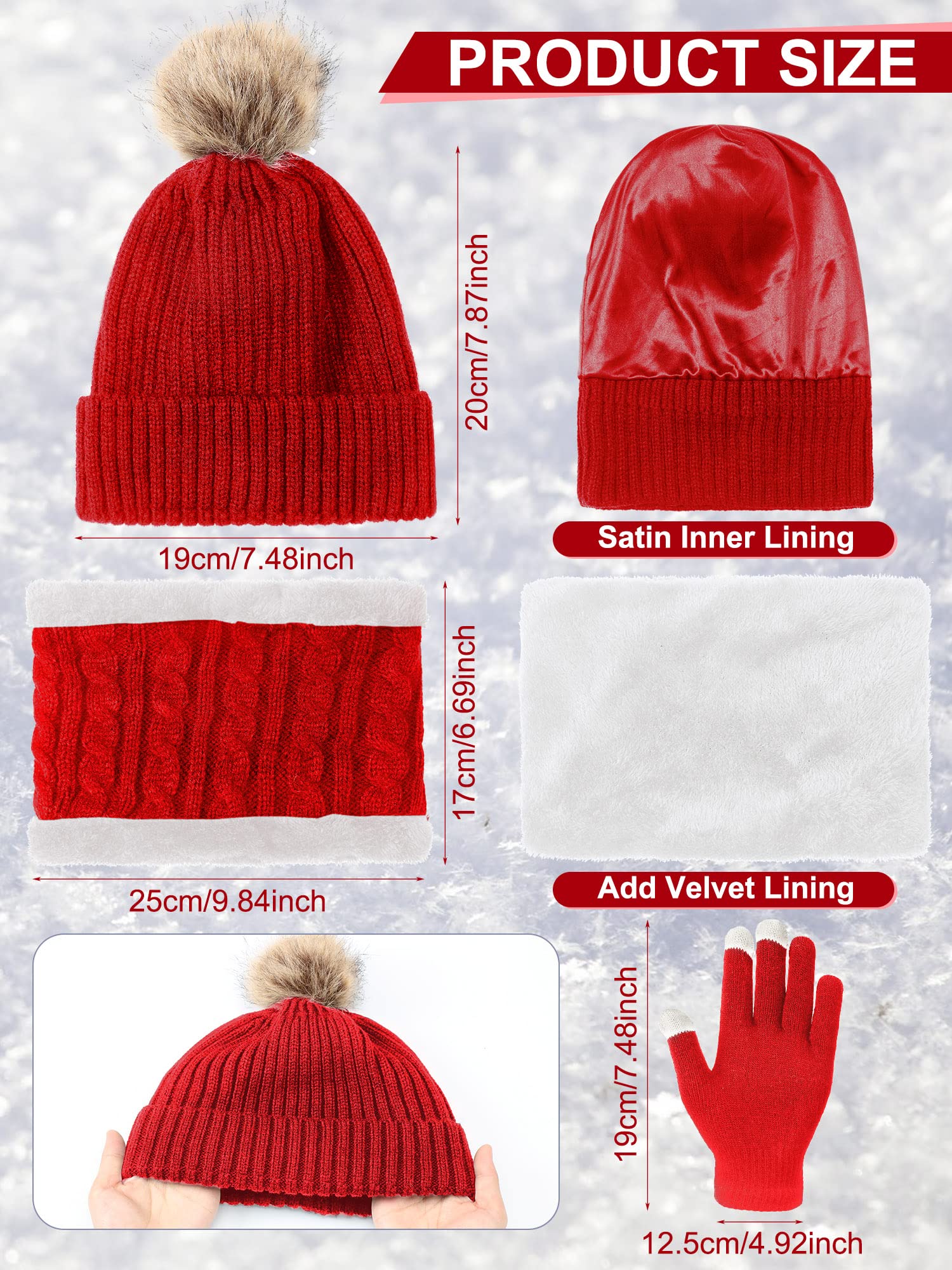 10 Pcs Winter Hat Scarf Gloves Warm Knitted Hat Scarf Touchscreen Gloves Earmuffs Socks Satin Inner Lining Knit Hat for Women and Men (Black, Wine Red)