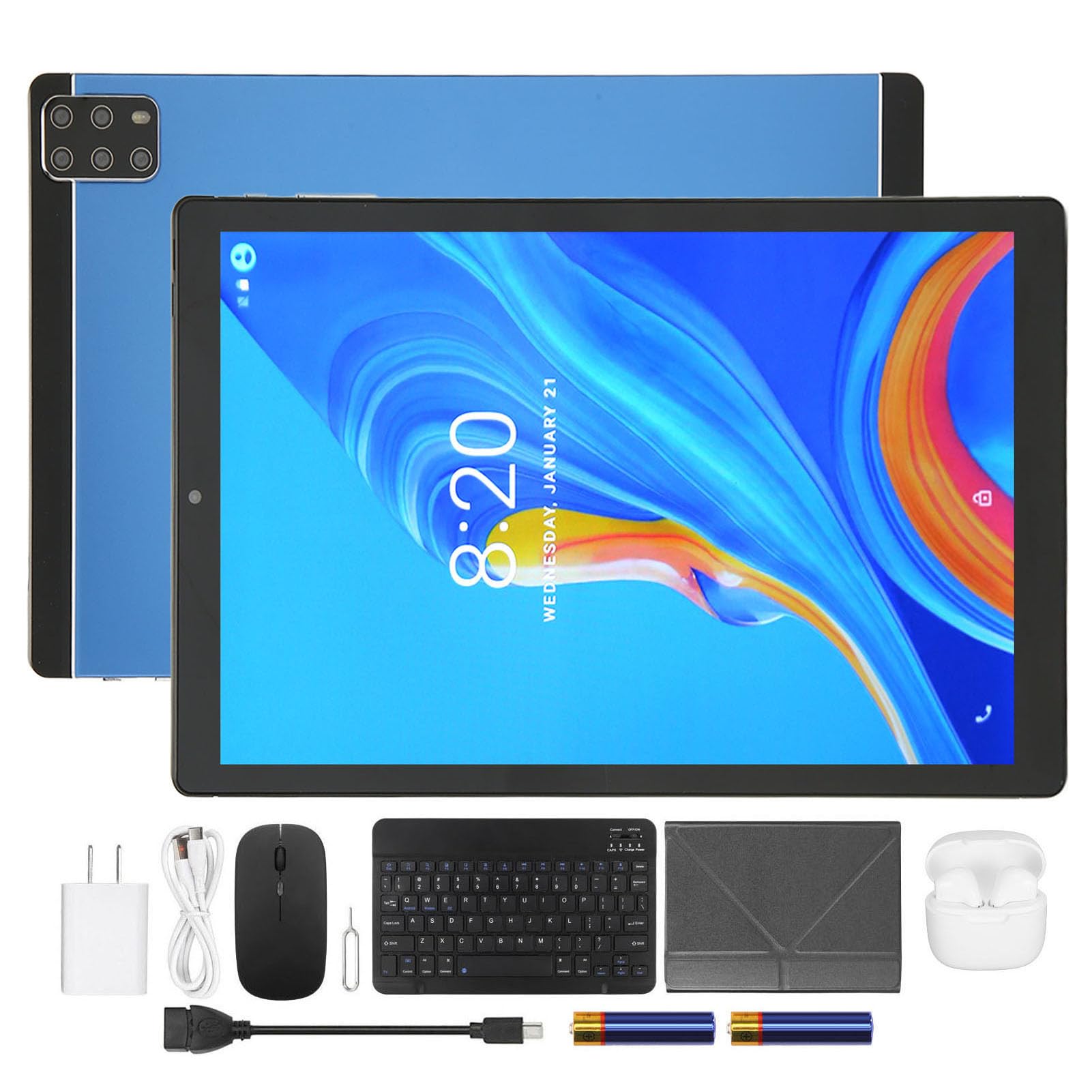 10.1 Inch Tablet for Android 12, 2 in 1 Tablet with Earphones Keyboard Mouse, 5G WiFi 6GB RAM, 128GB ROM, 20+50MP Dual Camera, High Performance Deca Core CPU (US Plug)