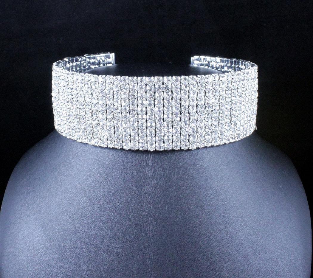 10-Row Clear Austrian Crystal Rhinestone Choker Necklace Silver Party WED N088 (10 Row Silver)