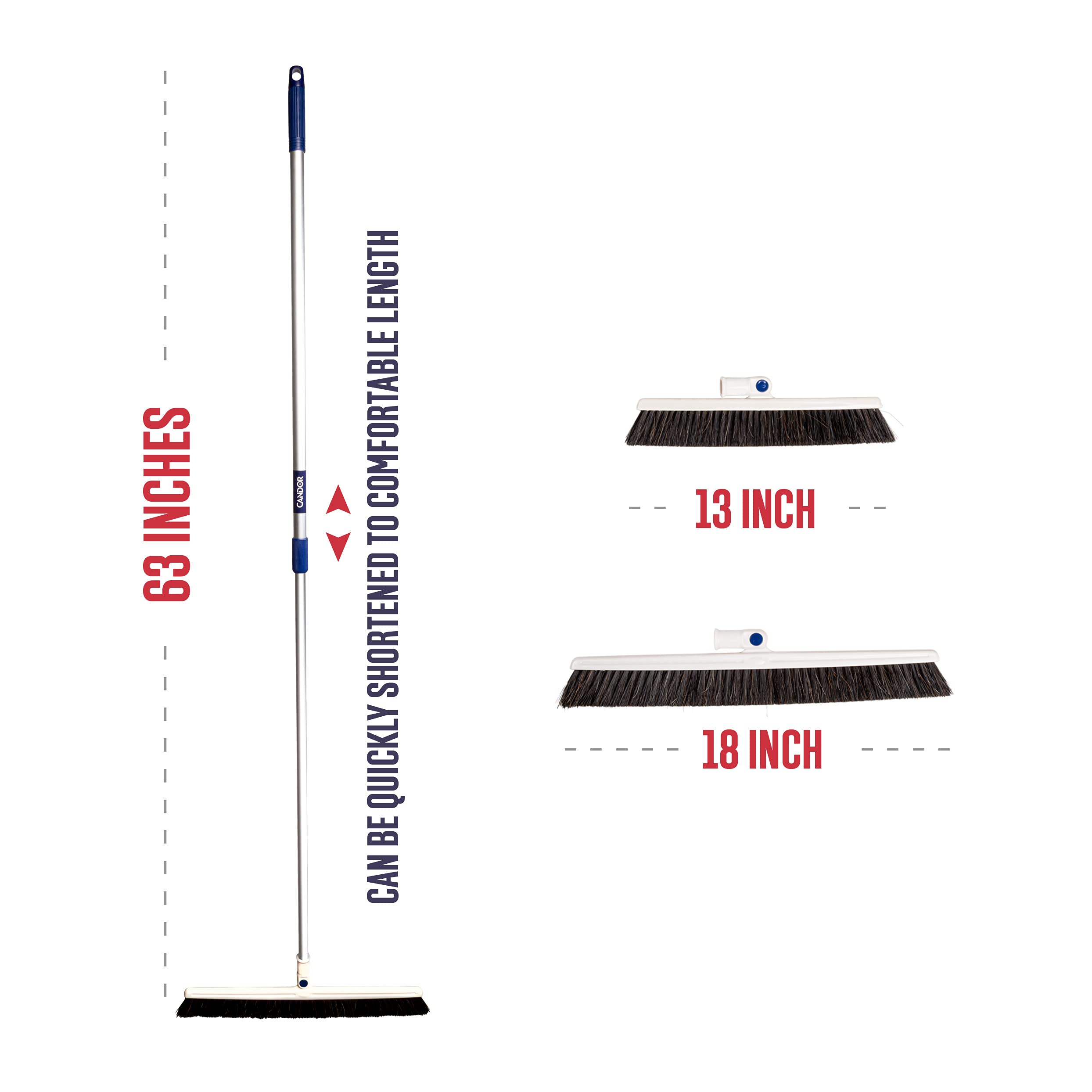 Candor Rotatable Push Broom | 63 Inch Long Lightweight Flexible Cleaning Brush Swiftly Glides Under Beds, Tables, Sofas, Ovens | Also Includes A Handy Brush to Clean The Broom | 18 Inch Head
