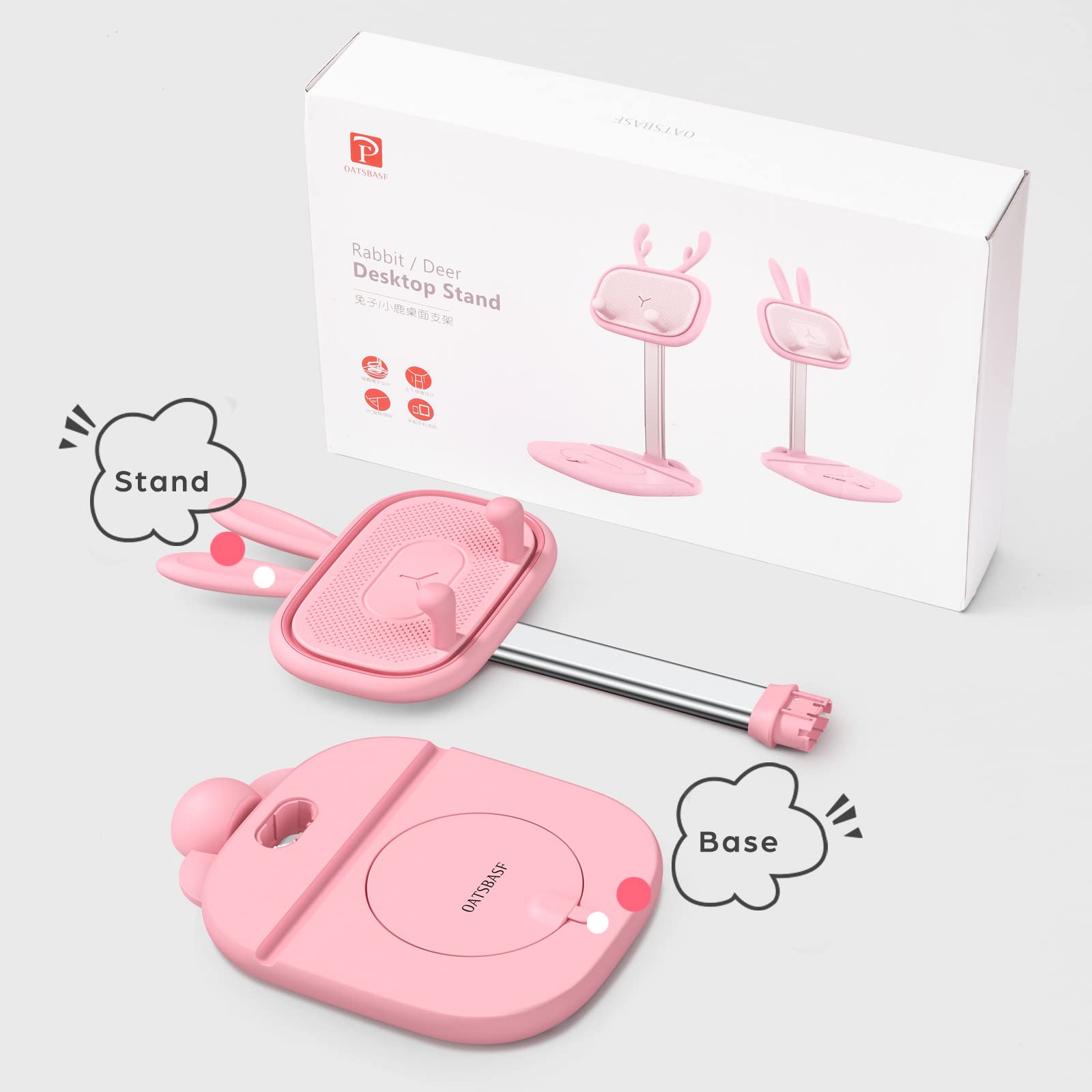 OATSBASF Cute Bunny Tablet Stand for Desk, Adjustable Height Tablet Stand Holder Dock Compatible with iPad, Pro 9.7, 10.5, 12.9 Air Mini, Tablet, Kindle, Nexus, Tab, E-Reader (4-13") (Pink Plus)