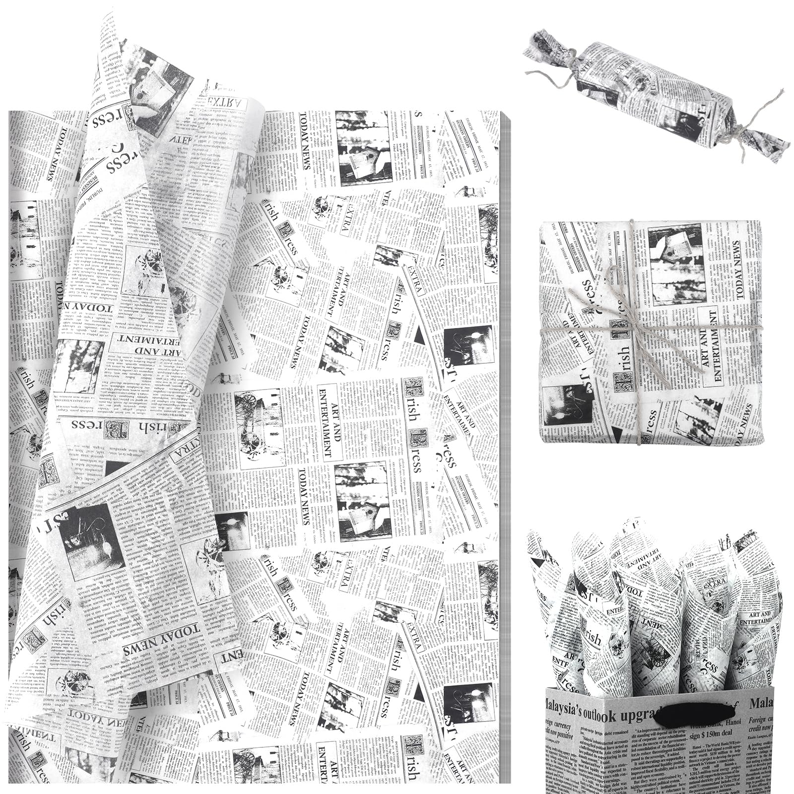 100 Sheet Vintage Newspaper Tissue Paper, Black 20x14in Old Newsprint Gift Wrapping Paper Retro Kraft Magazine Art Craft Newsprint Tissue for Wedding Birthday Party Decor Gift Crafts (White)