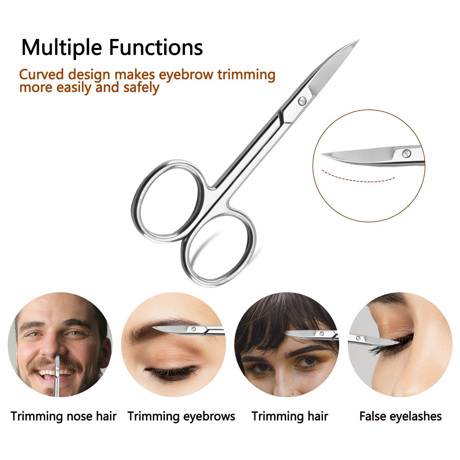 Eyebrow Scissors and Three Eyebrow Brushs, beard and nose trimming scissors eyelash with curved craft stainless steel scissors