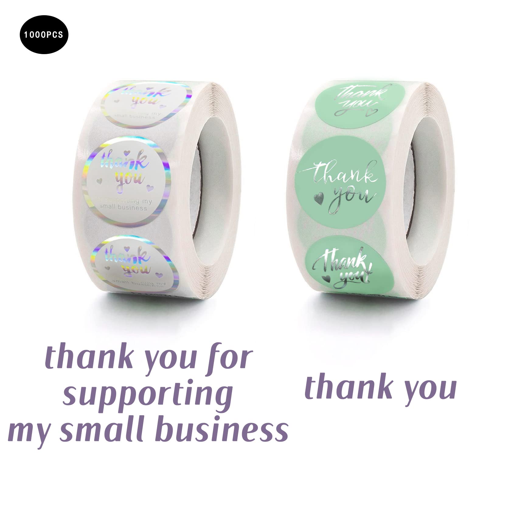 1000PCS Thank You Stickers 1.5in, Shiny Green and White 2 Rolls for Birthday, Weddings, Envelope Mailer Seal Sticker and Small Business