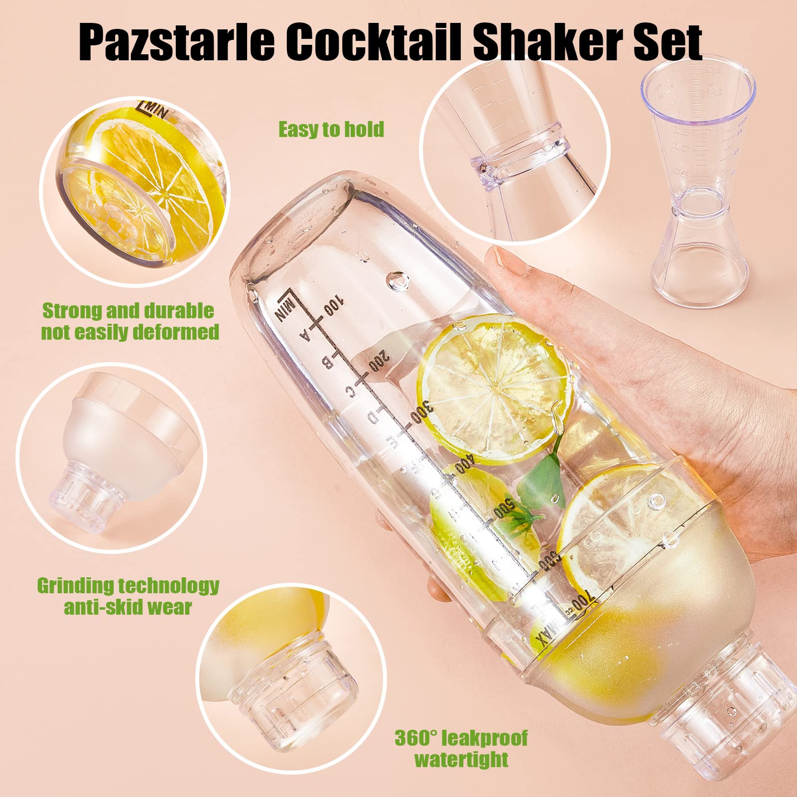 10 Pcs Plastic Cocktail Shaker Set, Including 8 Pcs 24 oz Clear Drink Shaker Drink Mixer Boba Tea Shaker 2 Pcs Cocktail Jigger Plastic Double Measuring Jigger for Bar Coffee