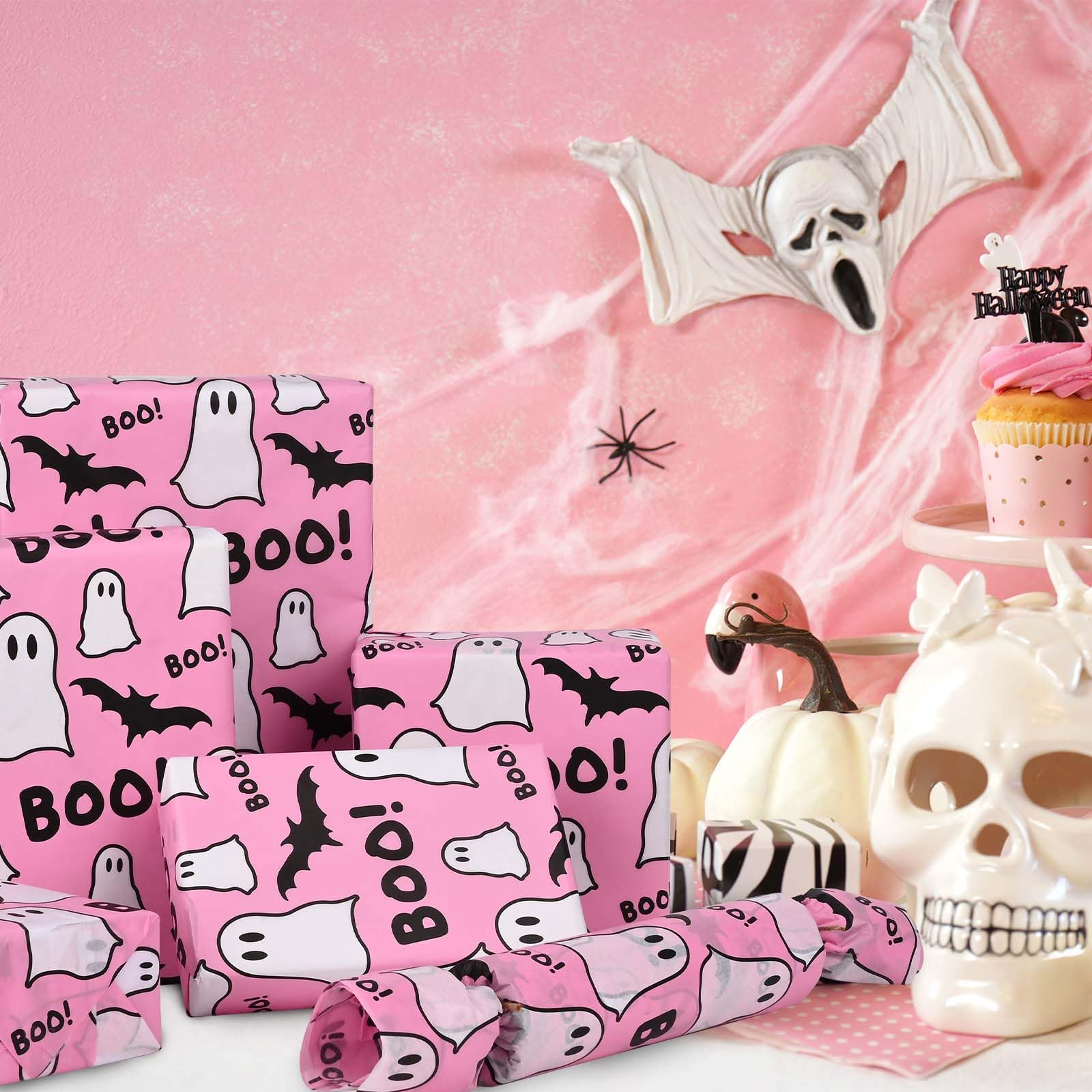 100 Sheets 20 * 14 Inches Pink Ghost and Boo Tissue Paper Halloween Bat Ghost Printed Tissue Paper for Birthday Party Baby Shower Halloween Party DIY Craft