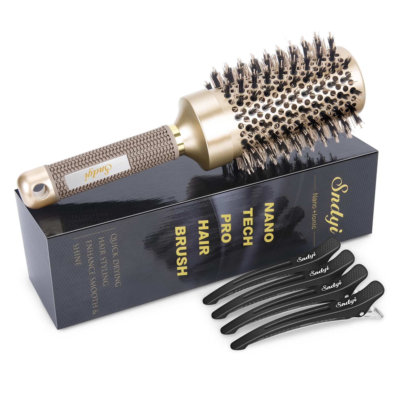 Round Brush for Blow Drying, Nano Thermal Ceramic & Ionic Tech Hair Brush with Boar Bristles, Professional Round Barrel Brush for Styling, Curling & Straightening by Sndyi (3.3 Inch, Barrel 2.1 Inch)