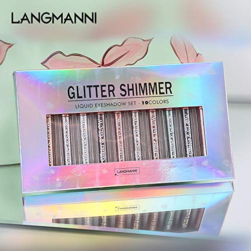 10 Colors Dazzling Glitter Liquid Eyeshadow Metallic Shiny Shimmer Long Lasting Waterproof Highly Pigmented Glow Eye Shadow Kit Sparkle Diamond Pearlescent Eye Makeup Cosmetic