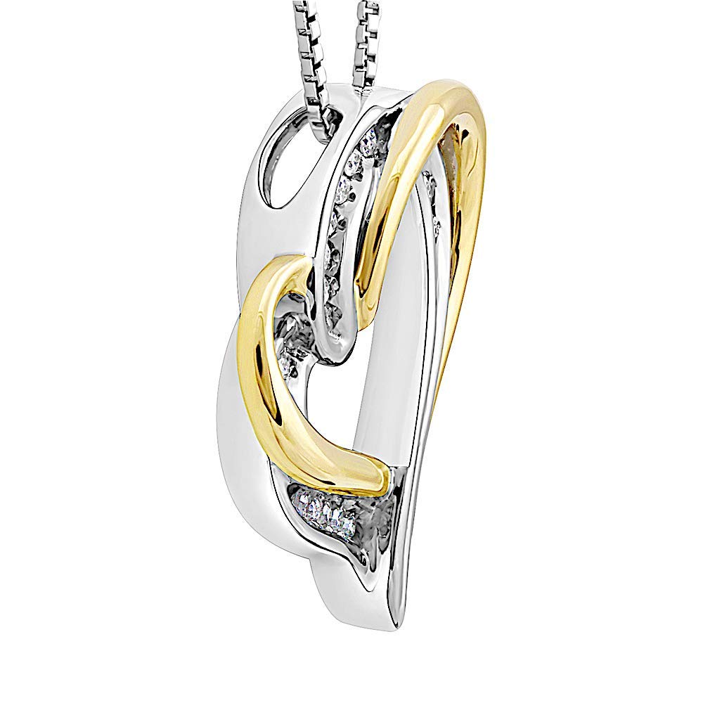10k Solid Yellow Gold and Sterling Silver Diamond Double Heart Pendant Necklace 1/10 cttw Natural Diamonds - 18 Inch Box Chain