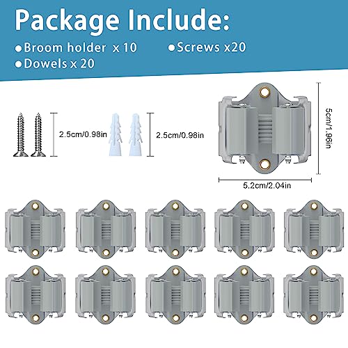 3-H Mop and Broom Holder Wall Mount, Broom Holder Wall Mount 10 Pack, Broom Holder for Garage Garden Shed Storage System Laundry Room Home Kitchen Organization up to 1.45 Inch(grey)
