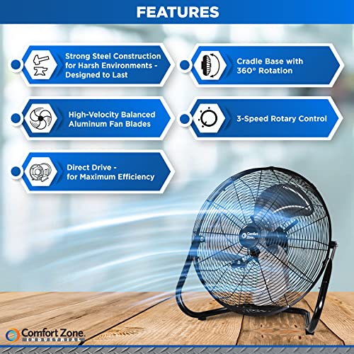 Comfort Zone CZHV18BK 18” 3-Speed High-Velocity Cradle/Floor Fan with 180-Degree Adjustable Tilt, Convenient Carry Handle, and Rubber Feet for Stability, Black