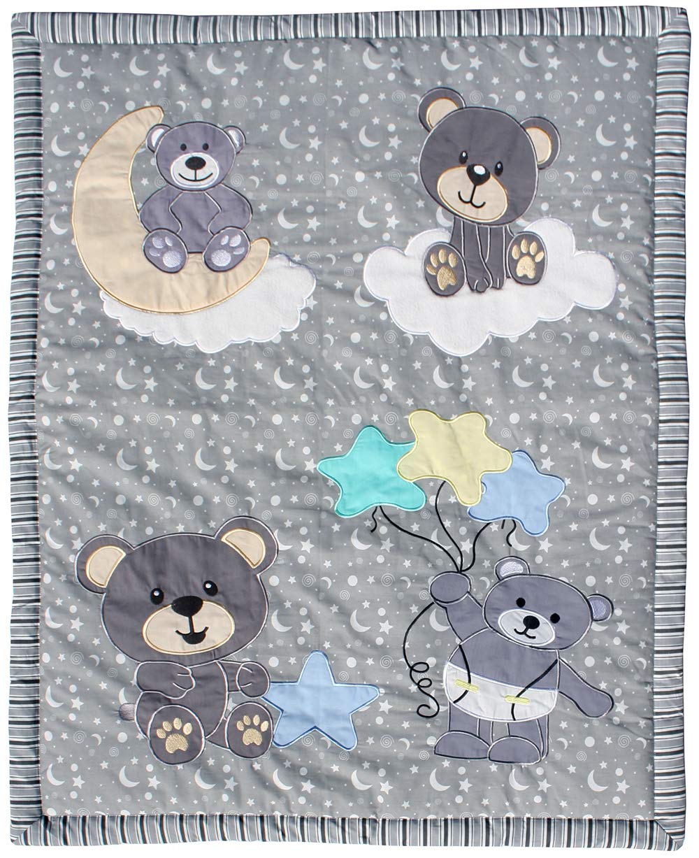 BabyFad Teddy Bear Grey with Stars, Moon and Cloud 100% Cotton Nursery for Baby Boys and Girls, Musical Mobile 9 Piece Crib Bedding Set