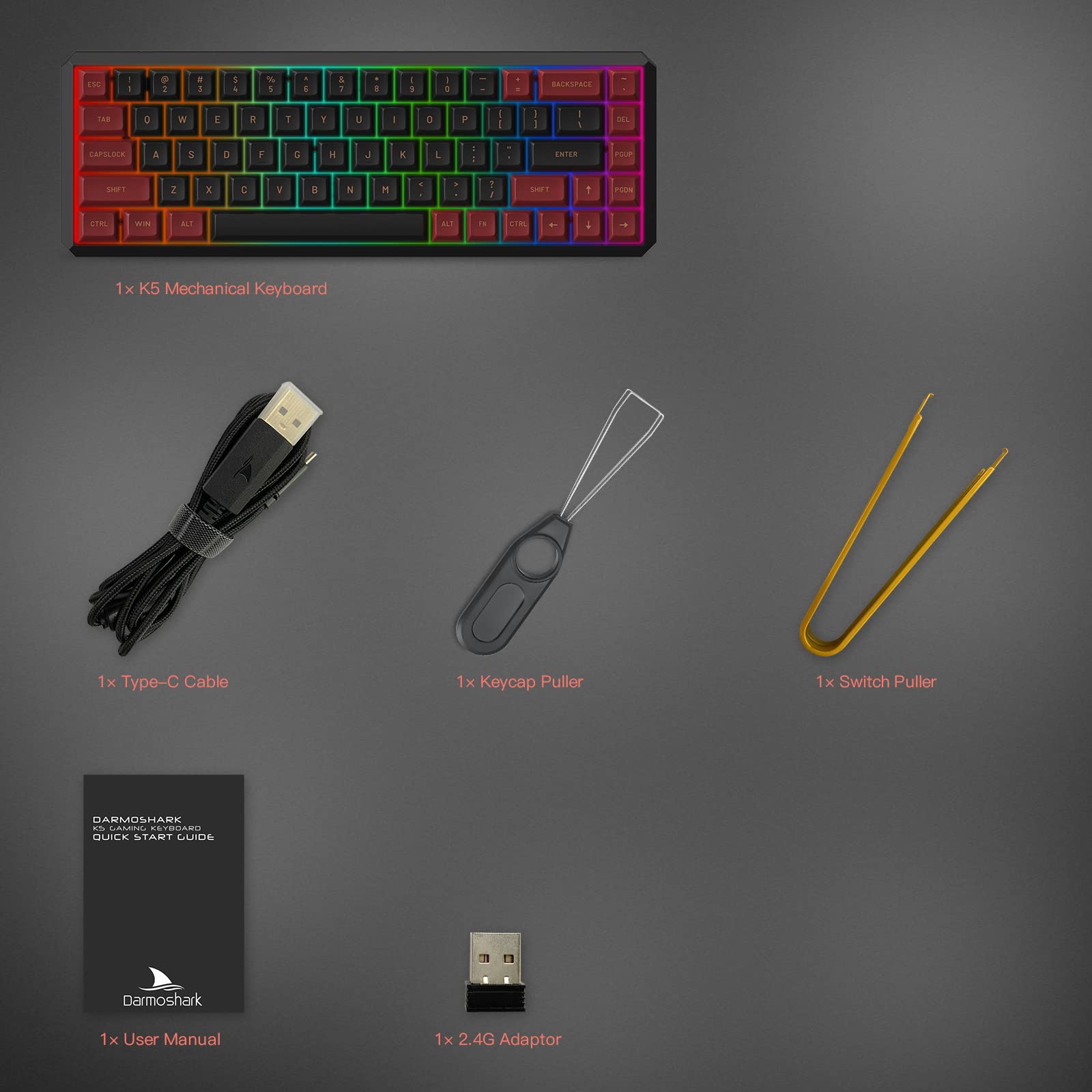 Darmoshark 2.4GHz Wireless/Wired Mechanical Keyboard — 65% (68 Key) Gaming Keyboard, Hot-Swap Switches, Programmable Macros, RGB LED Backlit, Type-C, PBT Spherical Keycap(Gateron Brown, Cherry Red)